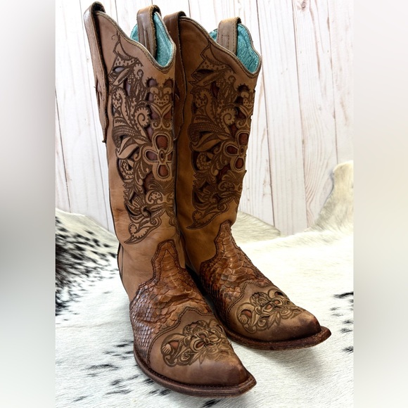 Corral | Shoes | Corral Choc Brown Tooled Cognac Python Womens Boots Sz ...